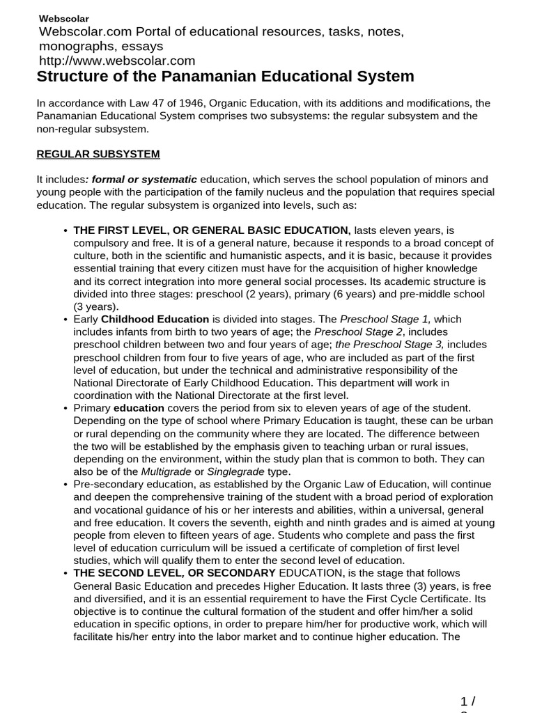 Structure of The Panamanian Educational System | PDF | Academic Degree | Vocational Education