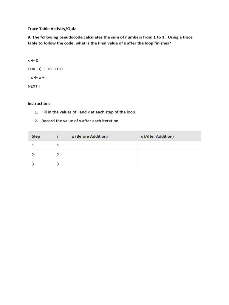 Trace Table Activity - Quiz | PDF