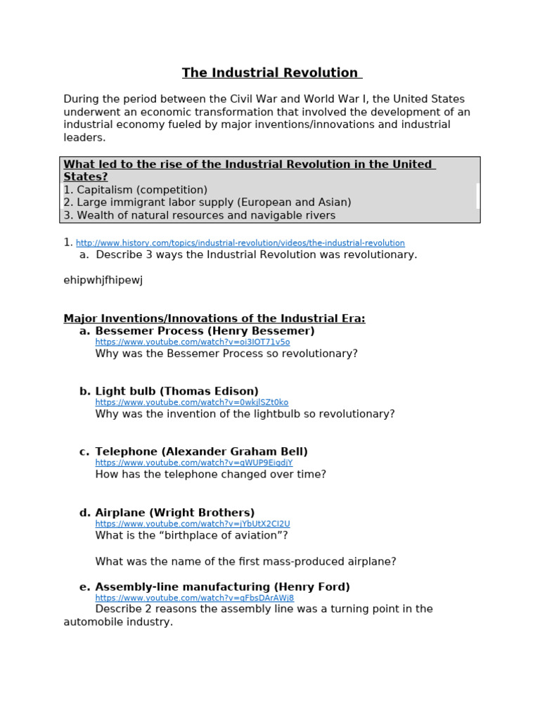 Industrial Revolution Web Quest | PDF | Economies | Secondary Sector Of ...