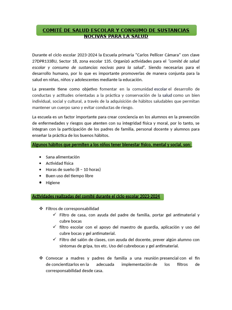 Comité de Salud Escolar 2023-2024 | PDF