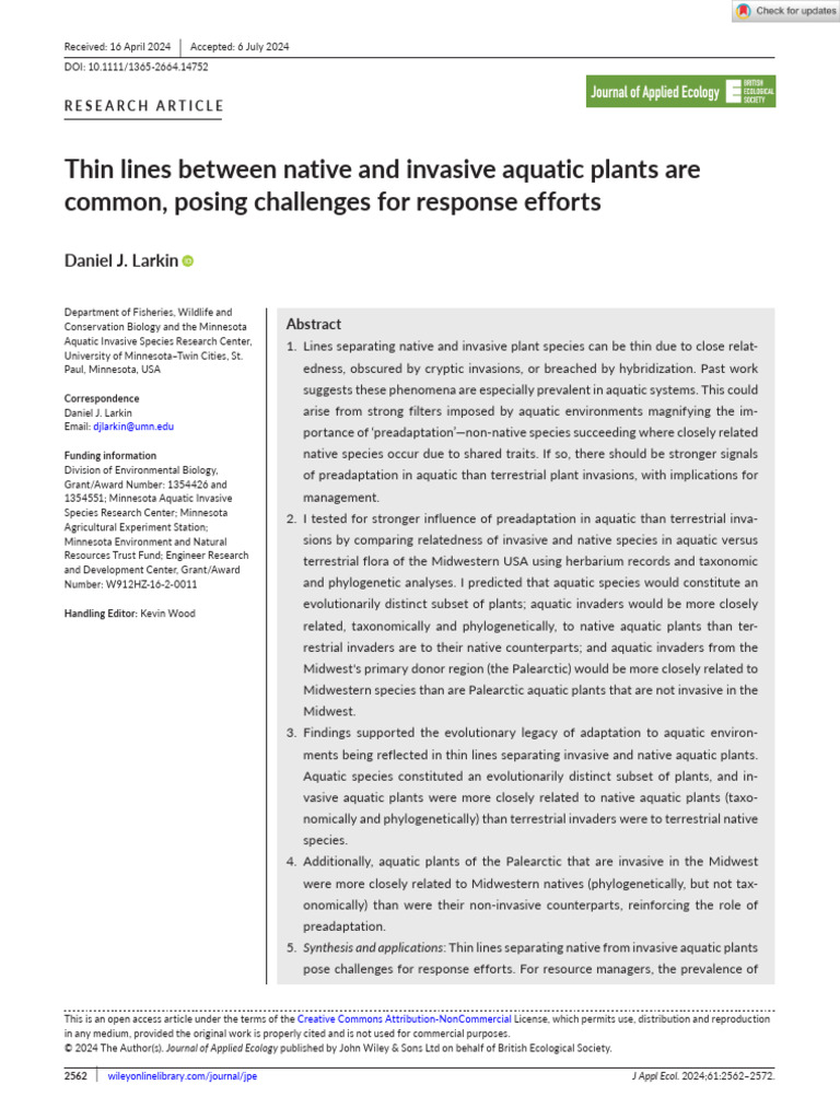 Journal of Applied Ecology - 2024 - Larkin - Thin Lines Between Native ...