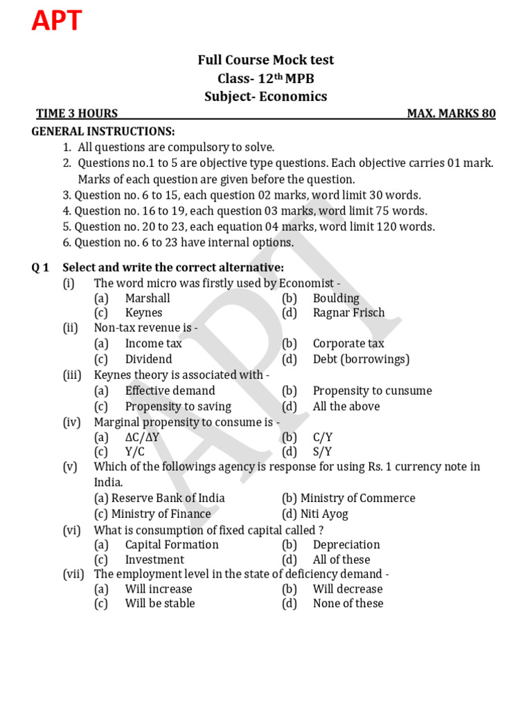 Eco Mock Test Paper 12th MPB | PDF | Demand | Elasticity (Economics)