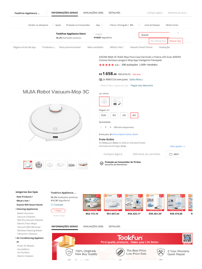 XIAOMI MIJIA 3C Robô Mop para Casa Varrendo A Poeira LDS Scan 4000PA ...