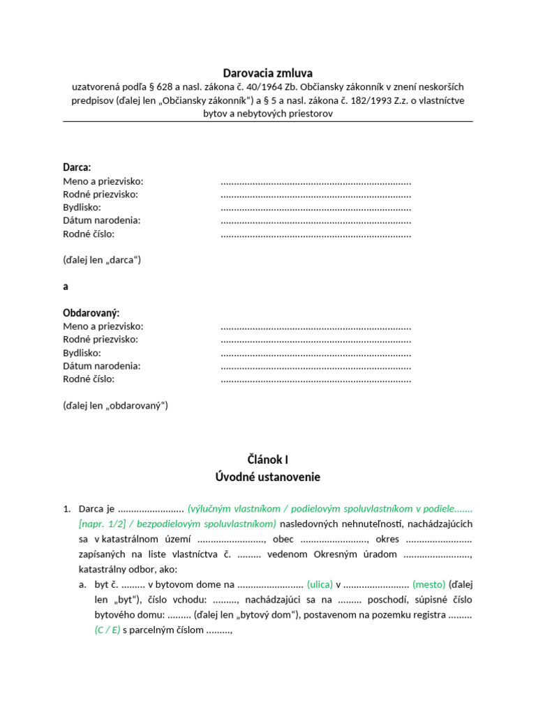 Darovacia Zmluva Na Byt Vzor Aktualizovany - 2022 | PDF