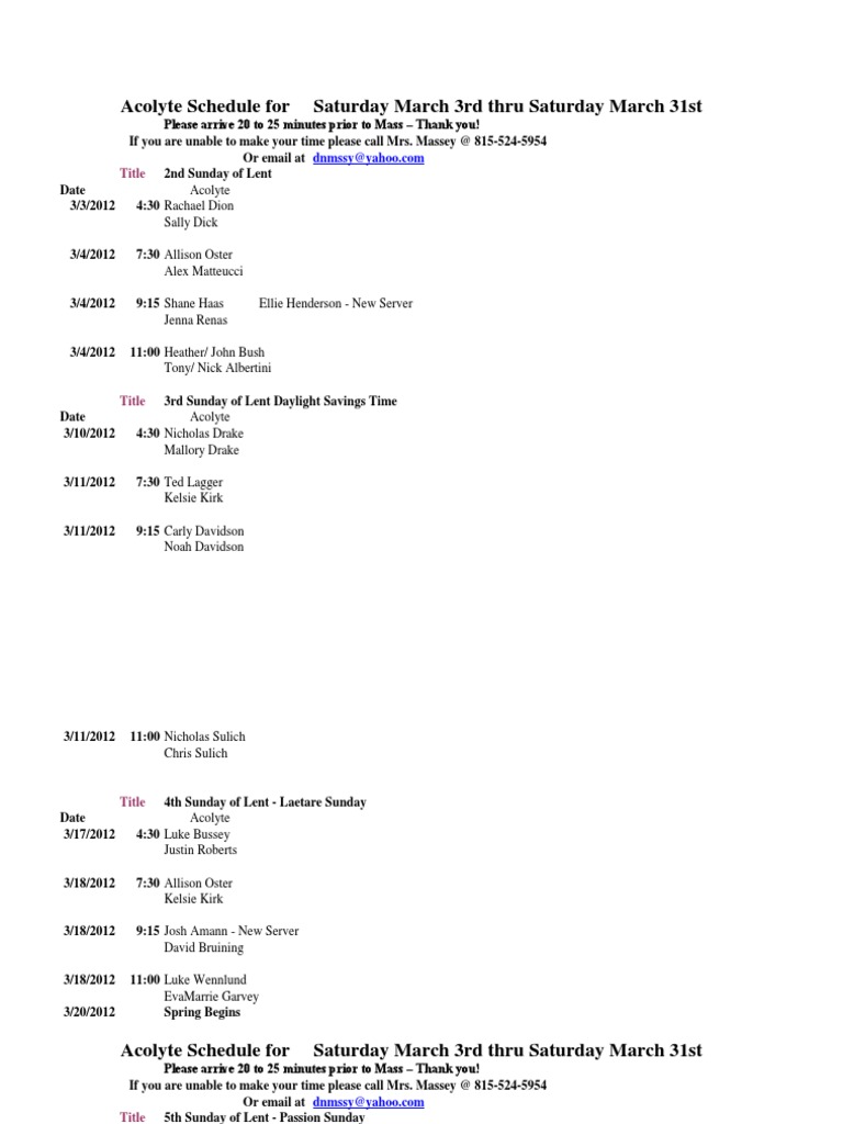 March 2012 Acolyte Schedule | PDF