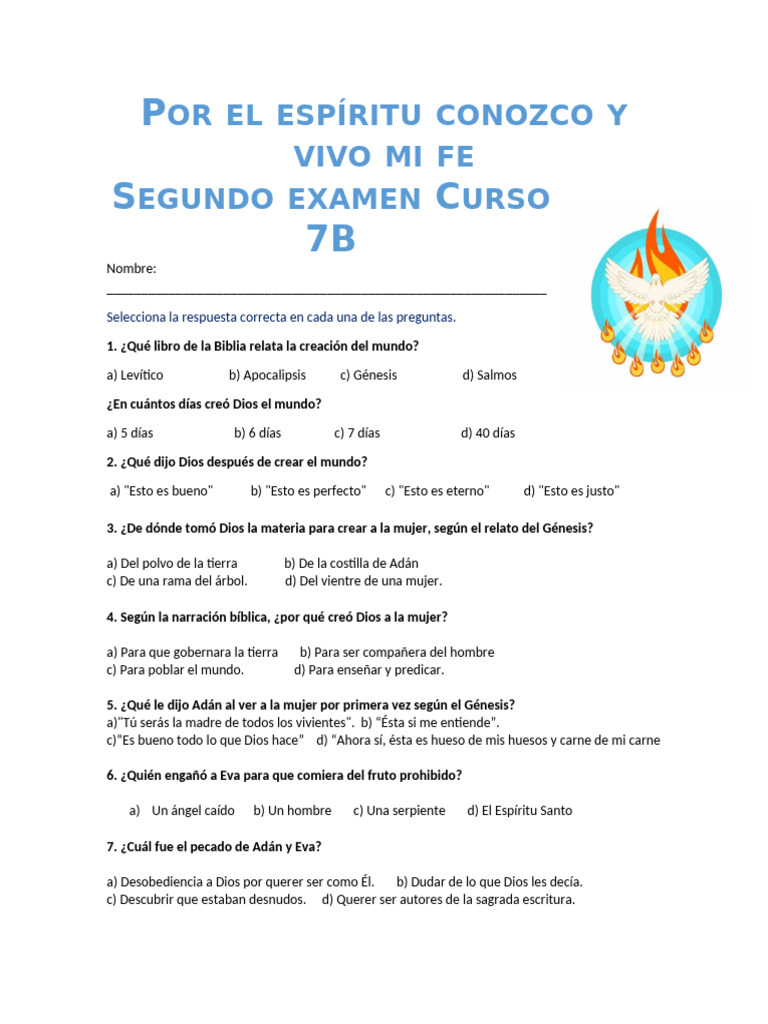 Examen de Fe: Conozco y Vivo Mi Fe 7B | PDF | Adán | Adán y Eva