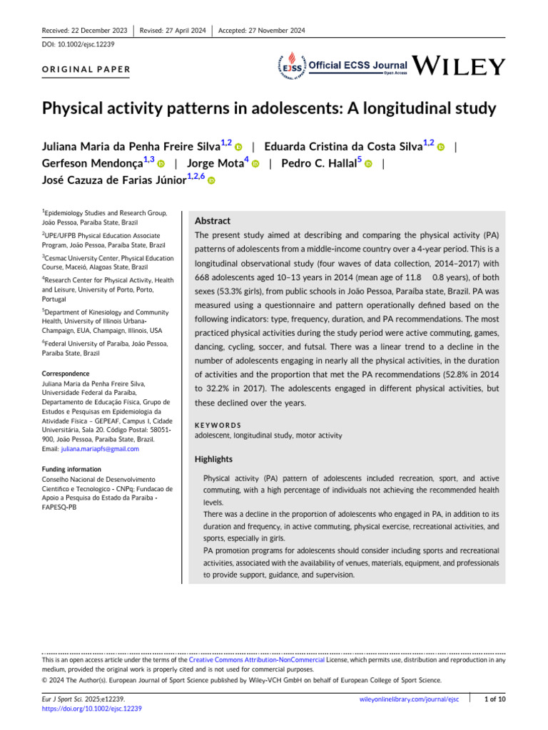 2025 - Silva - Physical Activity Patterns in Adolescents - A Longitudinal Study | PDF | Sampling ...