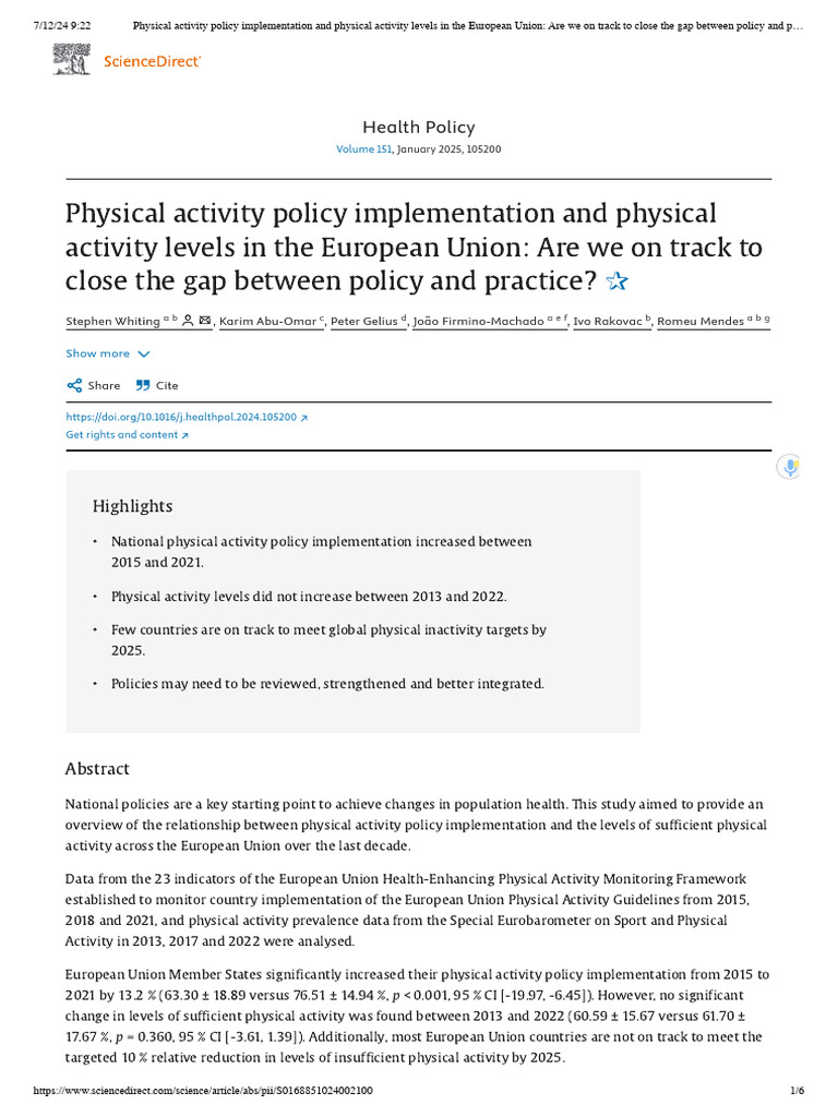 2025 - Whiting - Physical activity policy implementation and physical ...