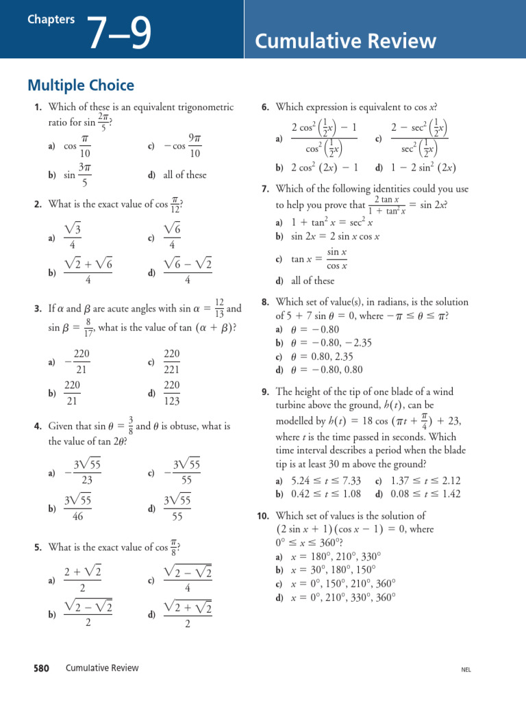 Chapters 7 To 9 - Cumulative Review | PDF | Trigonometric Functions | Mathematical Analysis