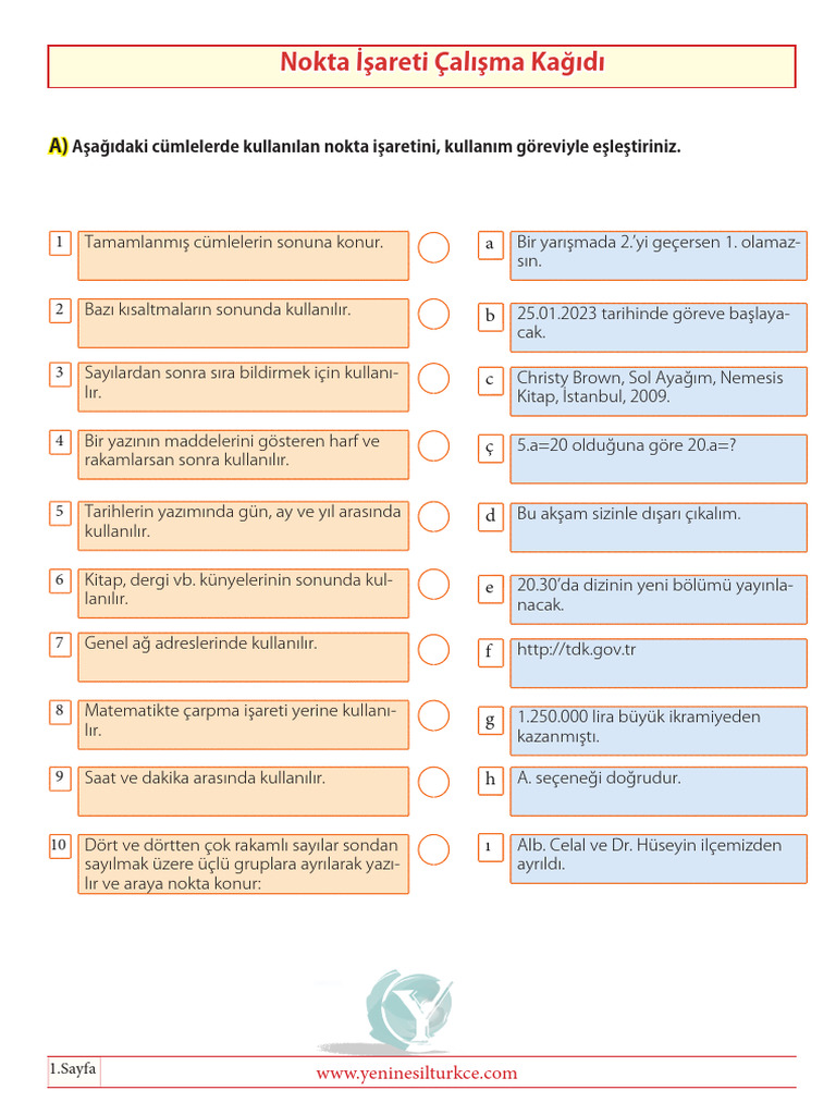 1.sinif Turkce Dersi Nokta Isareti Calisma Kagidi | PDF