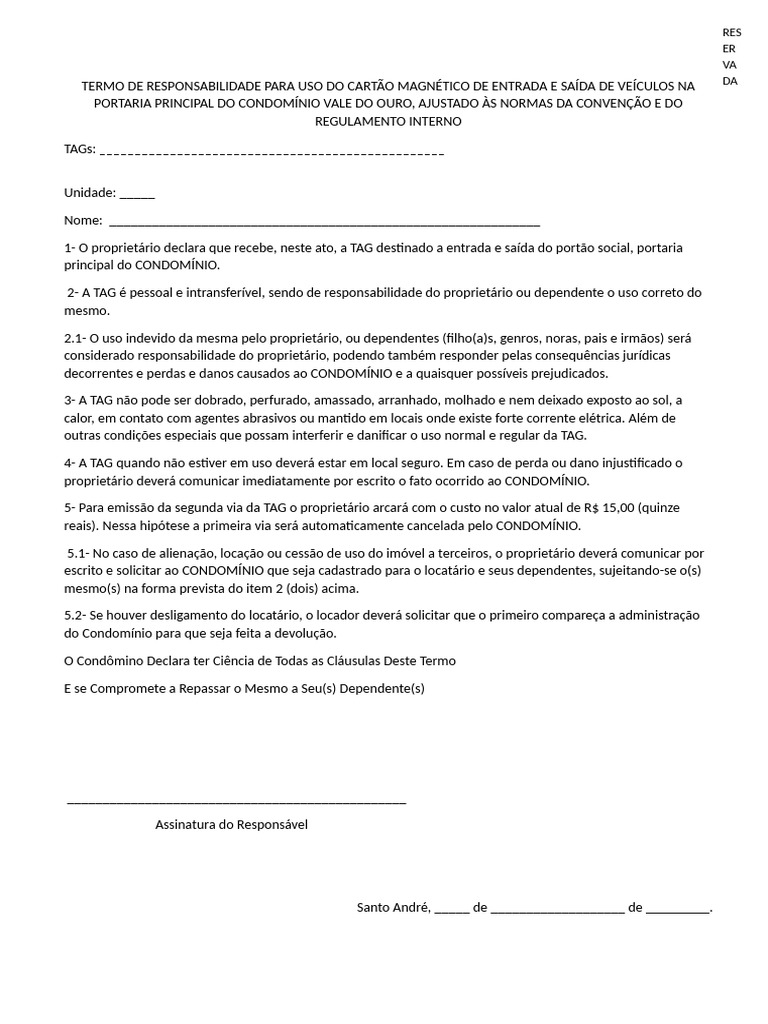 Termo de Uso de TAG no Condomínio Vale do Ouro | PDF | Condomínio
