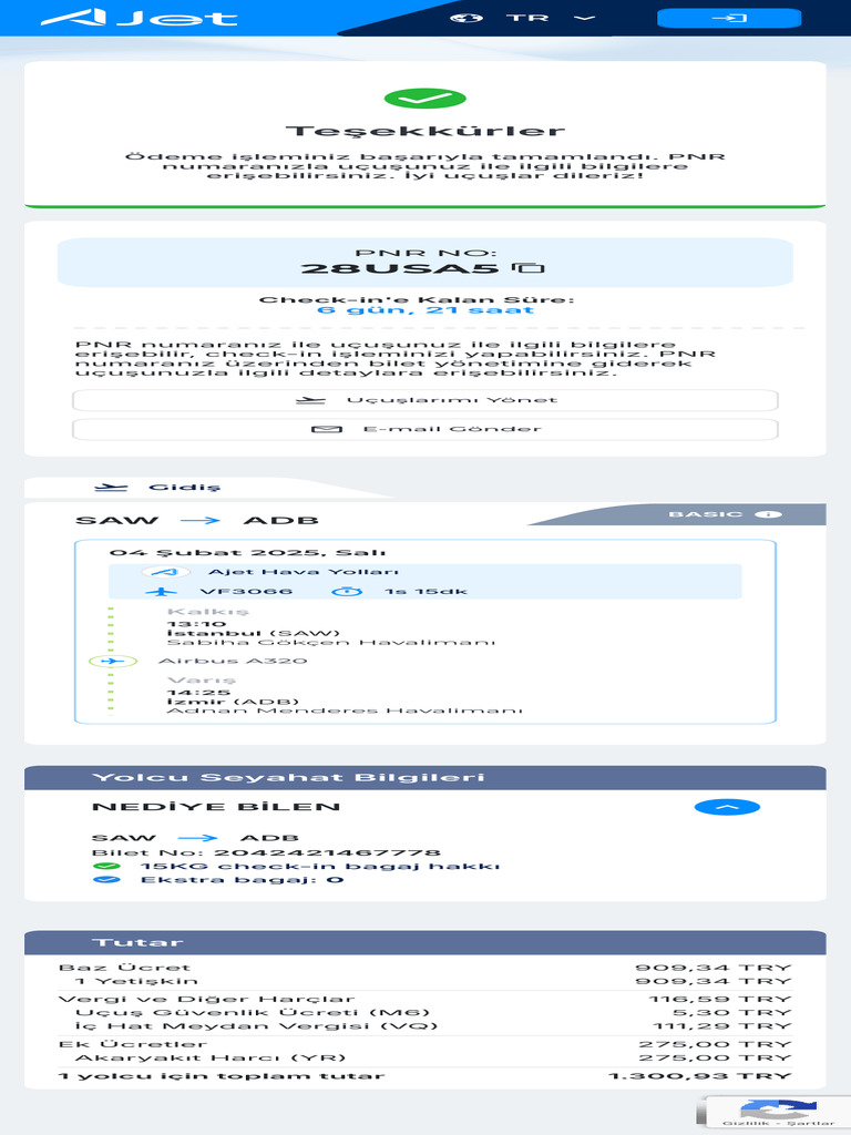 AJet - Teşekkürler - Biletleme Tamamlandı | PDF