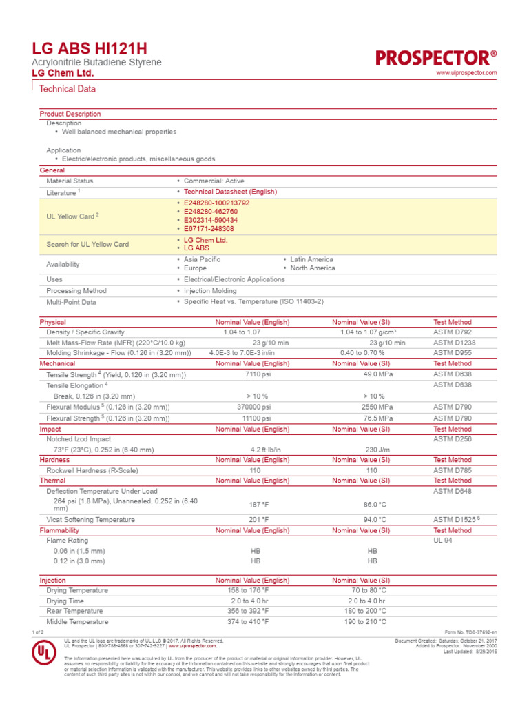 LG ABS HI121H Technical Data Sheet | PDF | Materials | Applied And ...