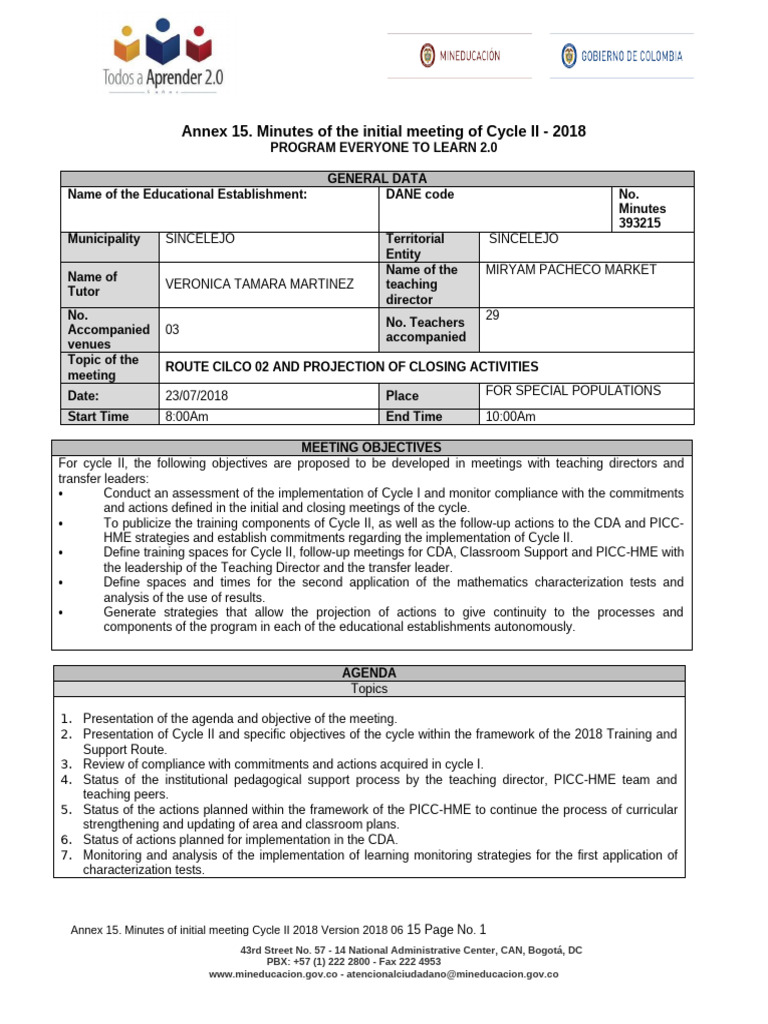 Annex 15. Initial Meeting Minutes Cycle II | PDF | Learning