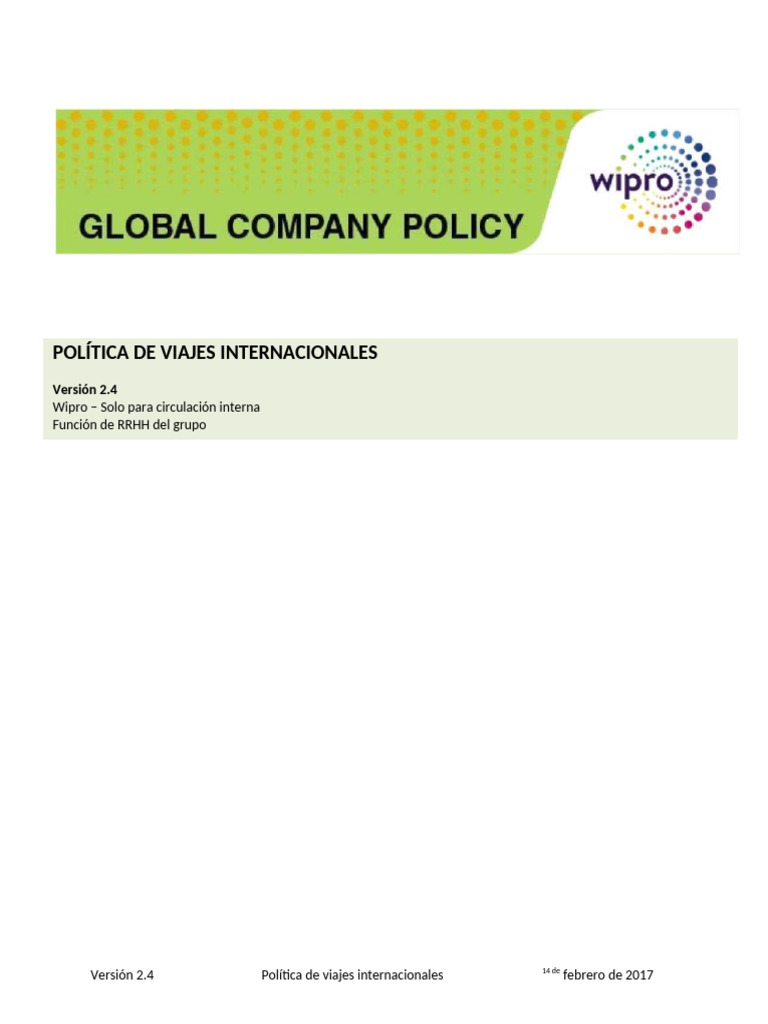 Política de Viajes Internacionales de Wipro | PDF | Visa de viaje | Salario