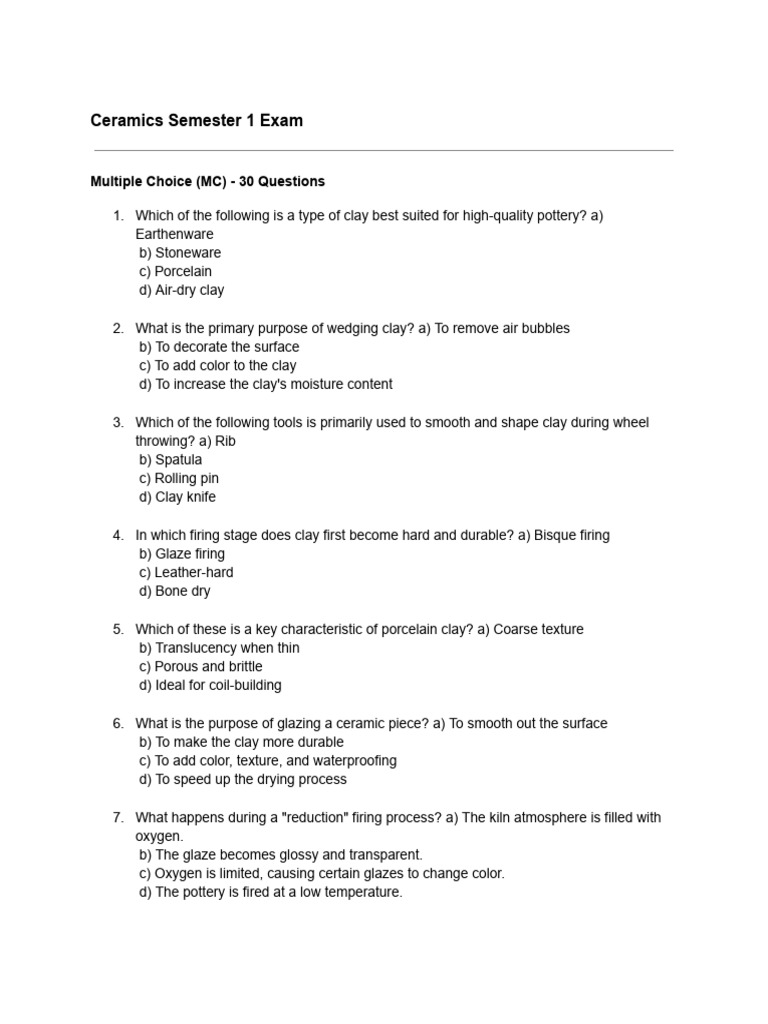 Ceramics Semester 1 Exam Review | PDF | Pottery | Porcelain