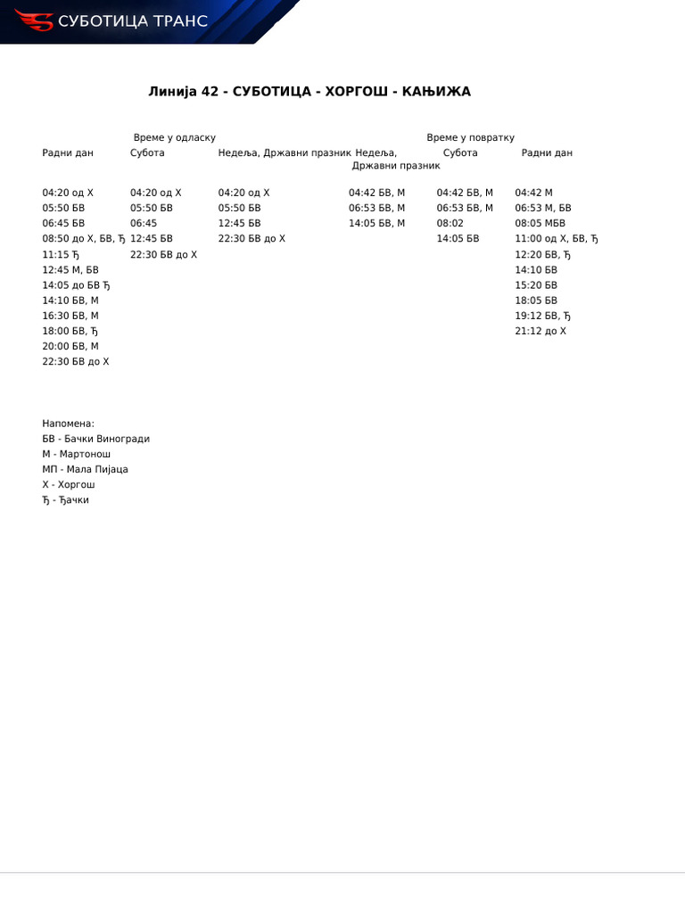 Sutrans Redvoznje Linija 42 | PDF