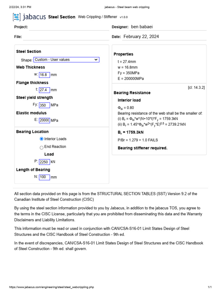 Jabacus - Steel Beam Web Crippling-Stiffeners Required | PDF | Beam ...