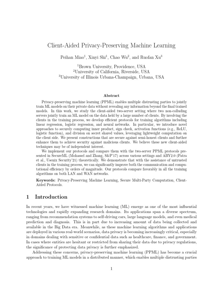 Client Aided Privacy Preserving Machine Learning | PDF | Machine ...
