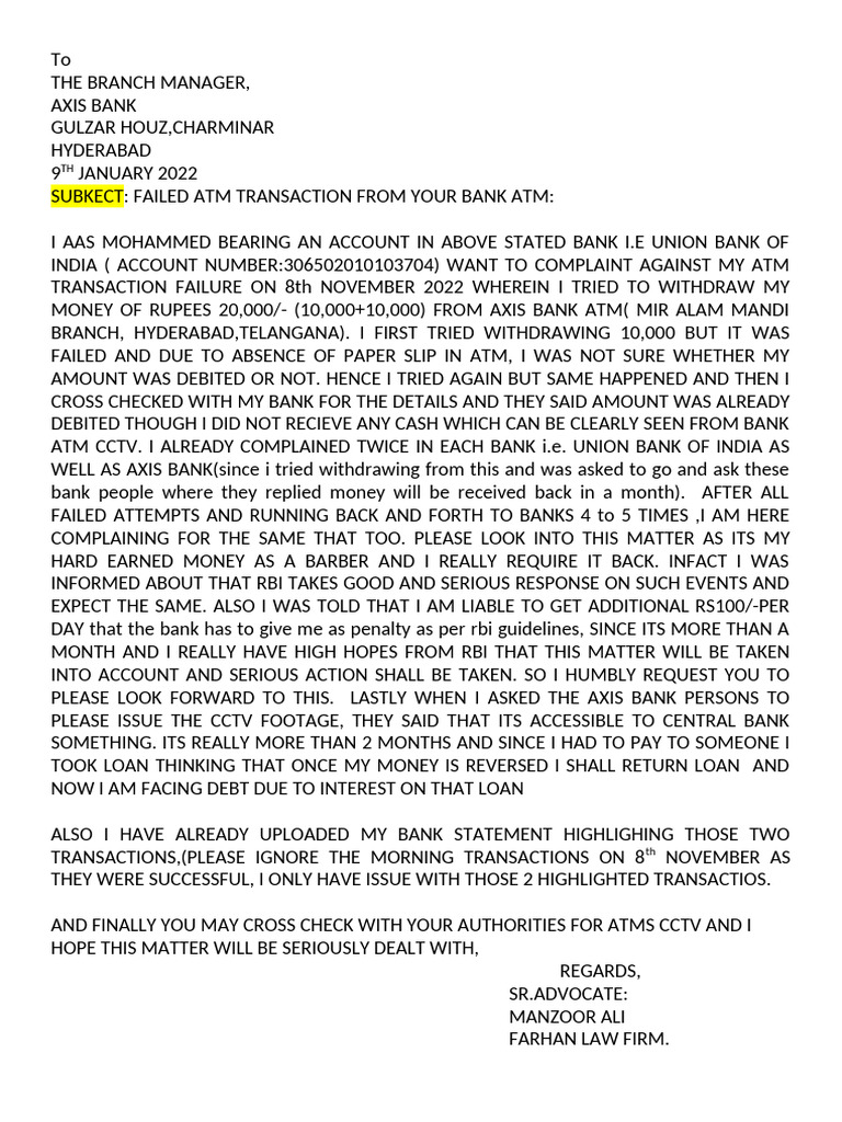 Monu Complaint | PDF | Banks | Automated Teller Machine
