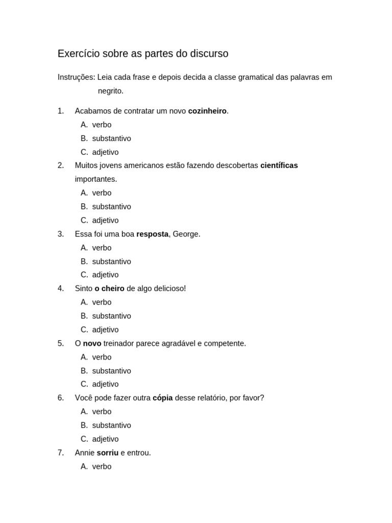 Exercício de Classes Gramaticais | PDF | Substantivo | Classe gramatical