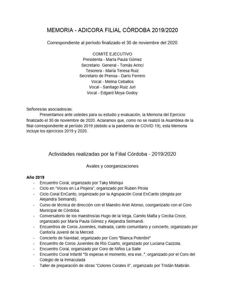 Memoria ADICORA Córdoba 2019-2020 | PDF | Coro | Musicología