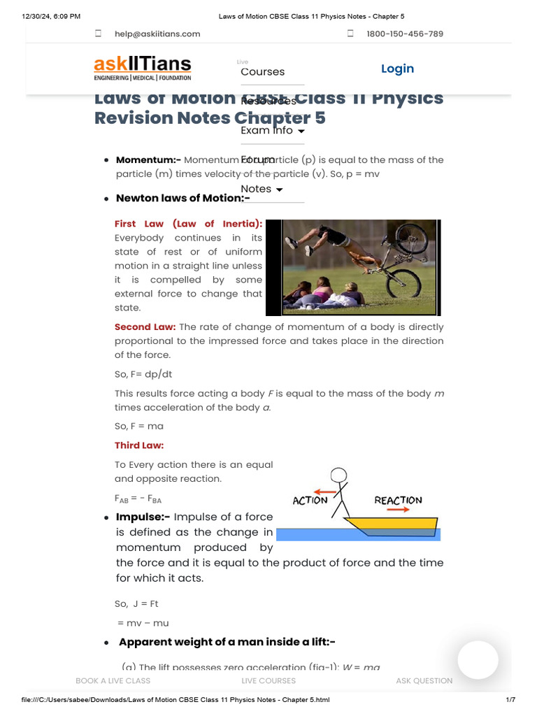 Laws of Motion Class 11 Physics Notes | PDF | Force | Friction