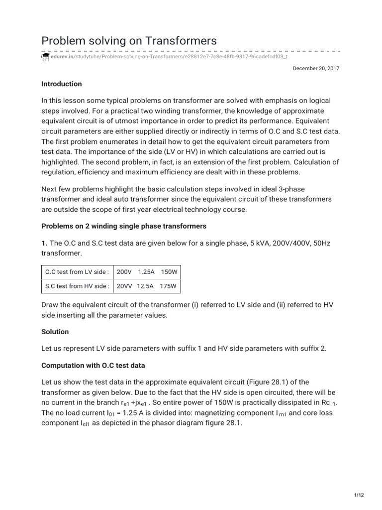 edurev.in-Problem solving on Transformers | PDF | Transformer | Inductor