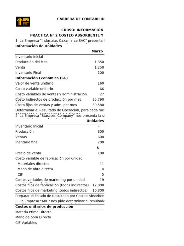 Práctica 2 Costeo Absorbente y Costeo Directo | PDF | Estado de resultados | Economía Financiera