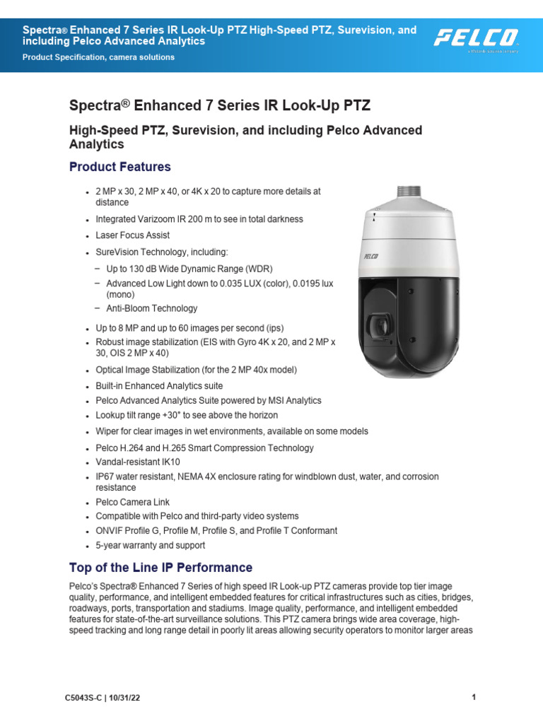 Spectra Enhanced 7 IR PTZ Lookup Spec 103122 | PDF | Transport Layer Security | Camera