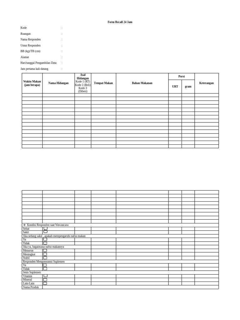 Form Recall 24 Jam Yang Digunakan Untuk Tugas | PDF