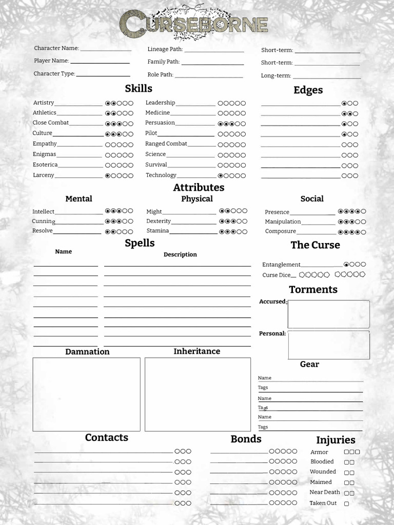 Curseborne Character Sheet | PDF | Gaming
