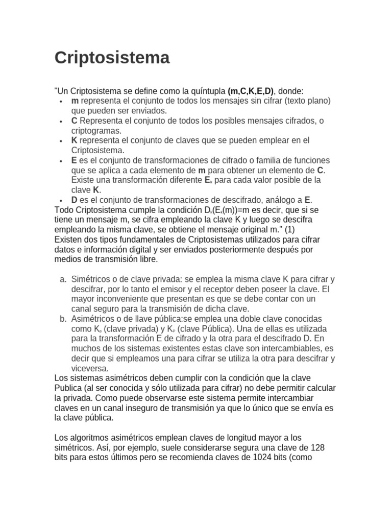 Criptosistema | PDF | Clave (criptografía) | Cifrado