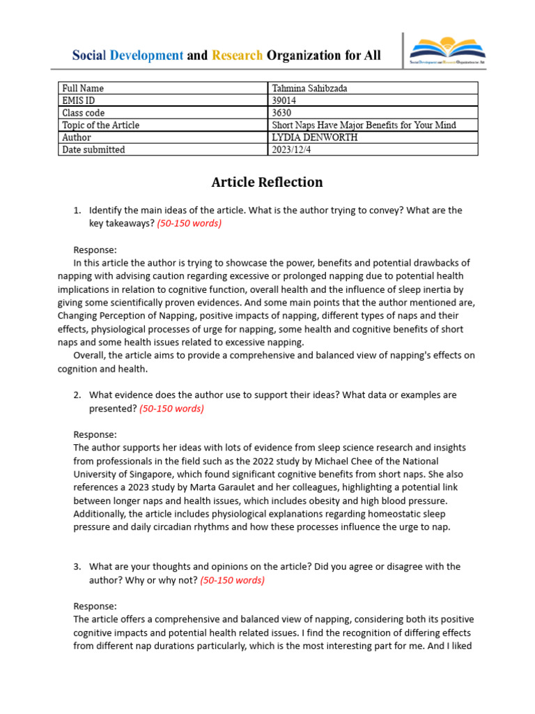 - Article Reflection | PDF | Sleep | Cognition