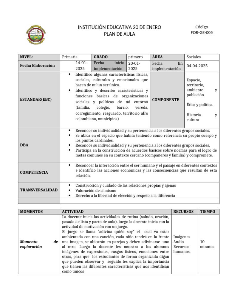 Plan de Aula: Sociales Grado Primero | PDF | Salón de clases | Grupo social