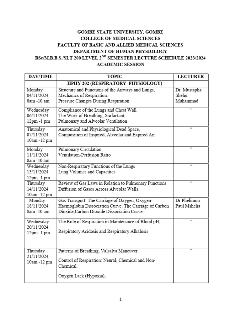 200L LECTURE SCHEDULE 2ND SEMESTER 2023-2024 SESSION | PDF ...