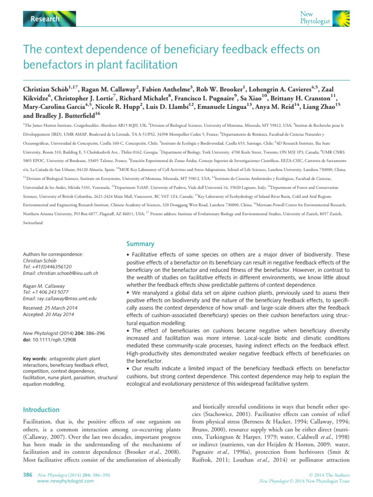 New Phytologist - 2014 - Schöb - The Context Dependence of Beneficiary Feedback Effects On ...