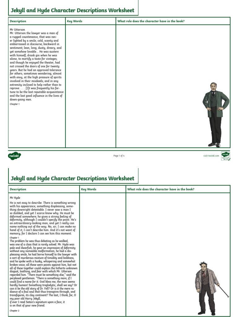 Jekyll And-Hyde Character Description Worksheet Chapters | PDF | Strange Case Of Dr Jekyll And ...