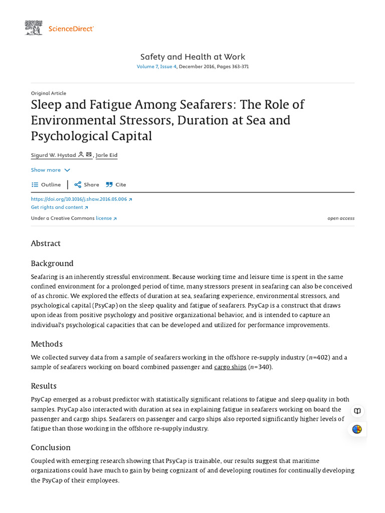 Sleep and Fatigue Among Seafarers - The Role of Environmental Stressors ...