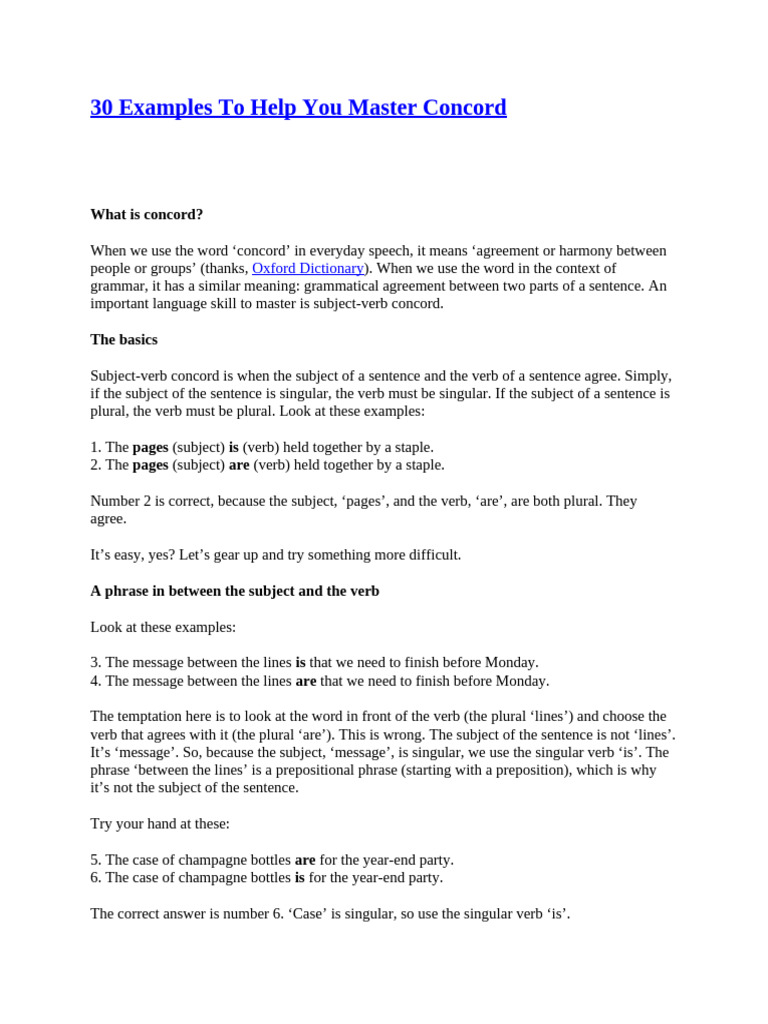 30 Examples To Help You Master Concord | PDF | Grammatical Number | Verb