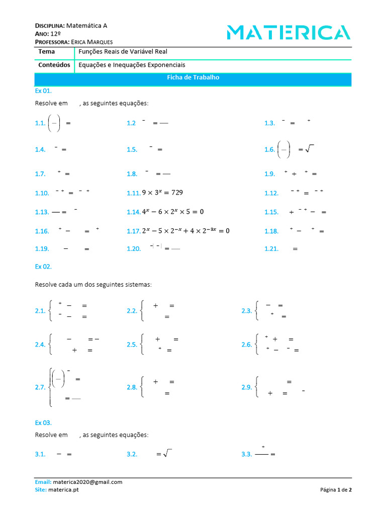 Ficha 7 Equações Exponenciais 12 | PDF | Matemática | Objetos matemáticos