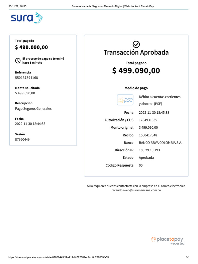 Pago Aprobado Seguros Suramericana | PDF