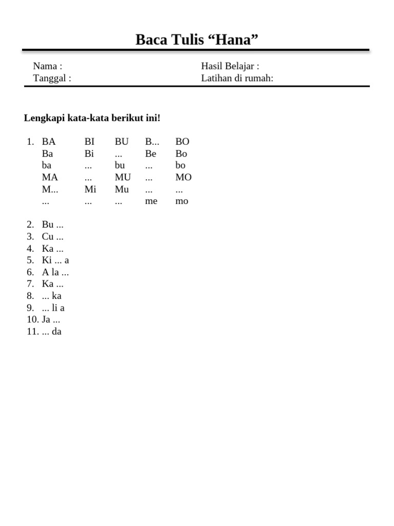 Latihan Baca Paud 1 | PDF