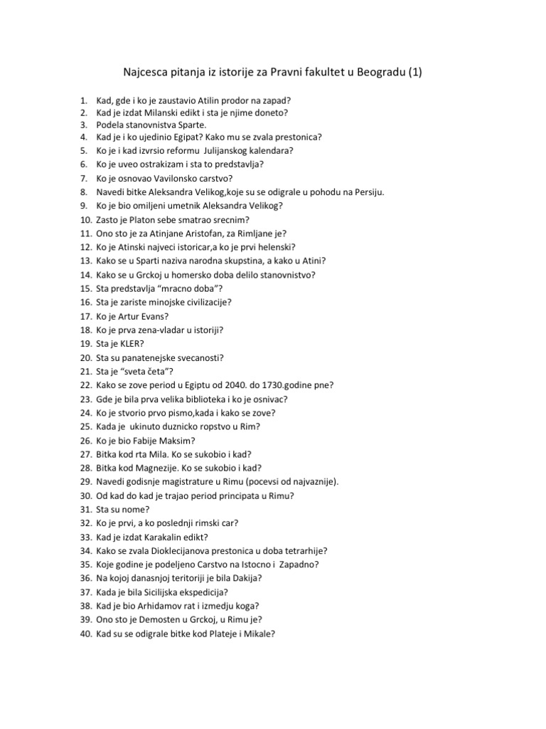 Najcesca Pitanja Iz Istorije Za Pravni Fakultet | PDF