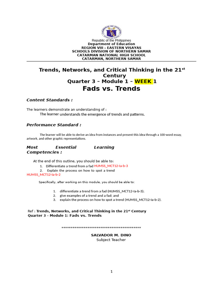TRENDS Q3 M1 WEEK1 Fads Vs Trends SY 2024 2025 For Student | PDF
