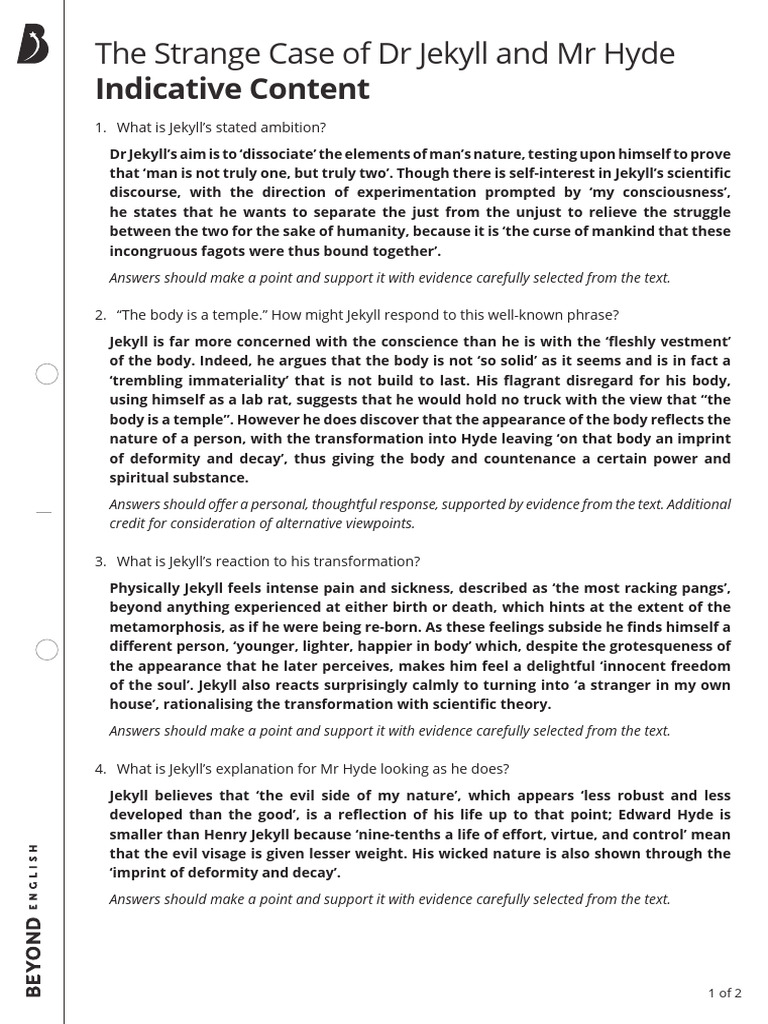 Jekyll and Hyde Comprehension Indicative Content | PDF | Dr. Jekyll And ...