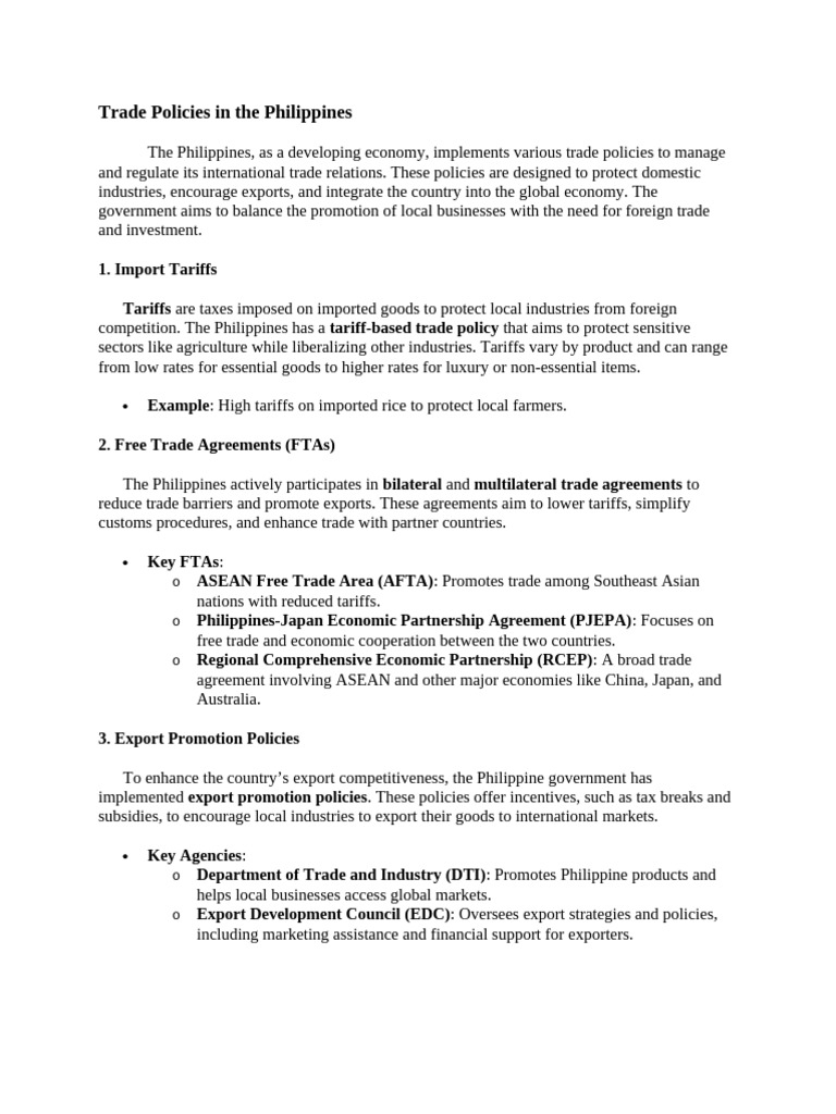 Philippines Trade Policies Overview | PDF | Non Tariff Barriers To ...