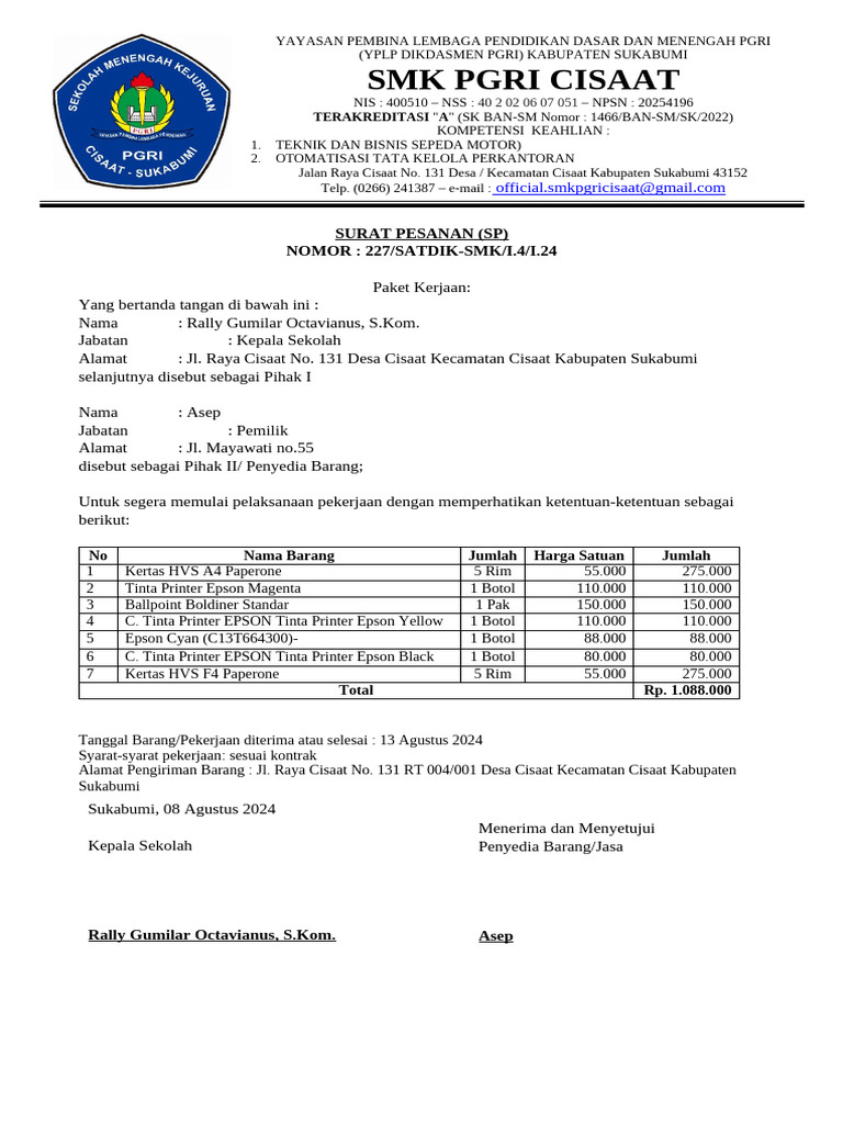 Contoh Surat Pesanan Dan BAST | PDF