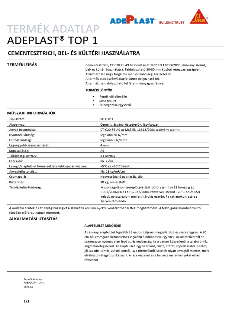 ADEPLAST® TOP 1 Termékleírás | PDF
