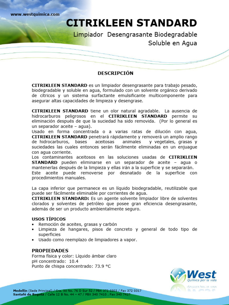 Limpiador Desengrasante Citrikleen Standard | PDF | Agua | Solvente